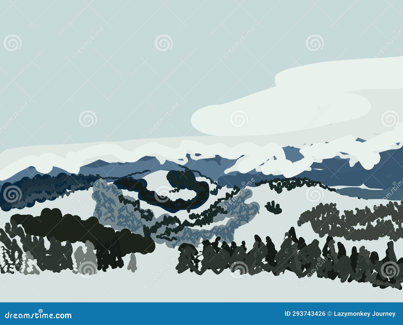 Abstract Drawing of Snowy Mountain and Pine Trees Stock Illustration ...