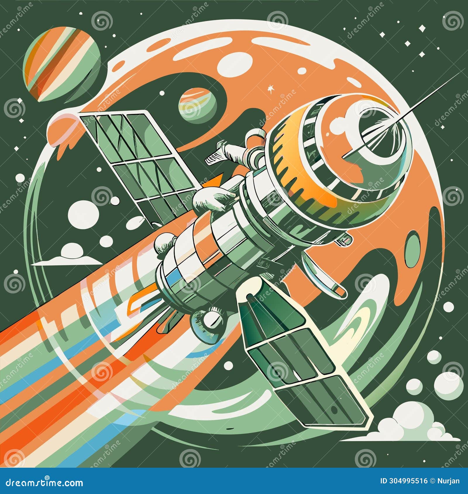 Abstract Drawing with a Spaceship with Solar Panels Flying Past the ...