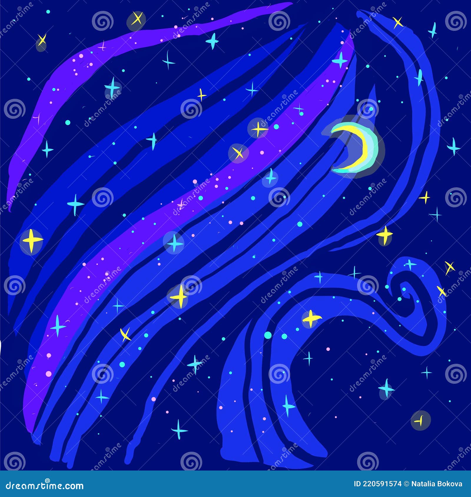 Abstract Drawing, Starry Night with Half Moon Stock Vector ...