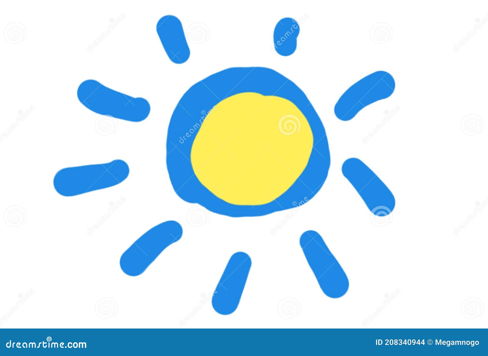 Abstract Drawn Blue Yellow Sun with Rays on White Background Stock ...