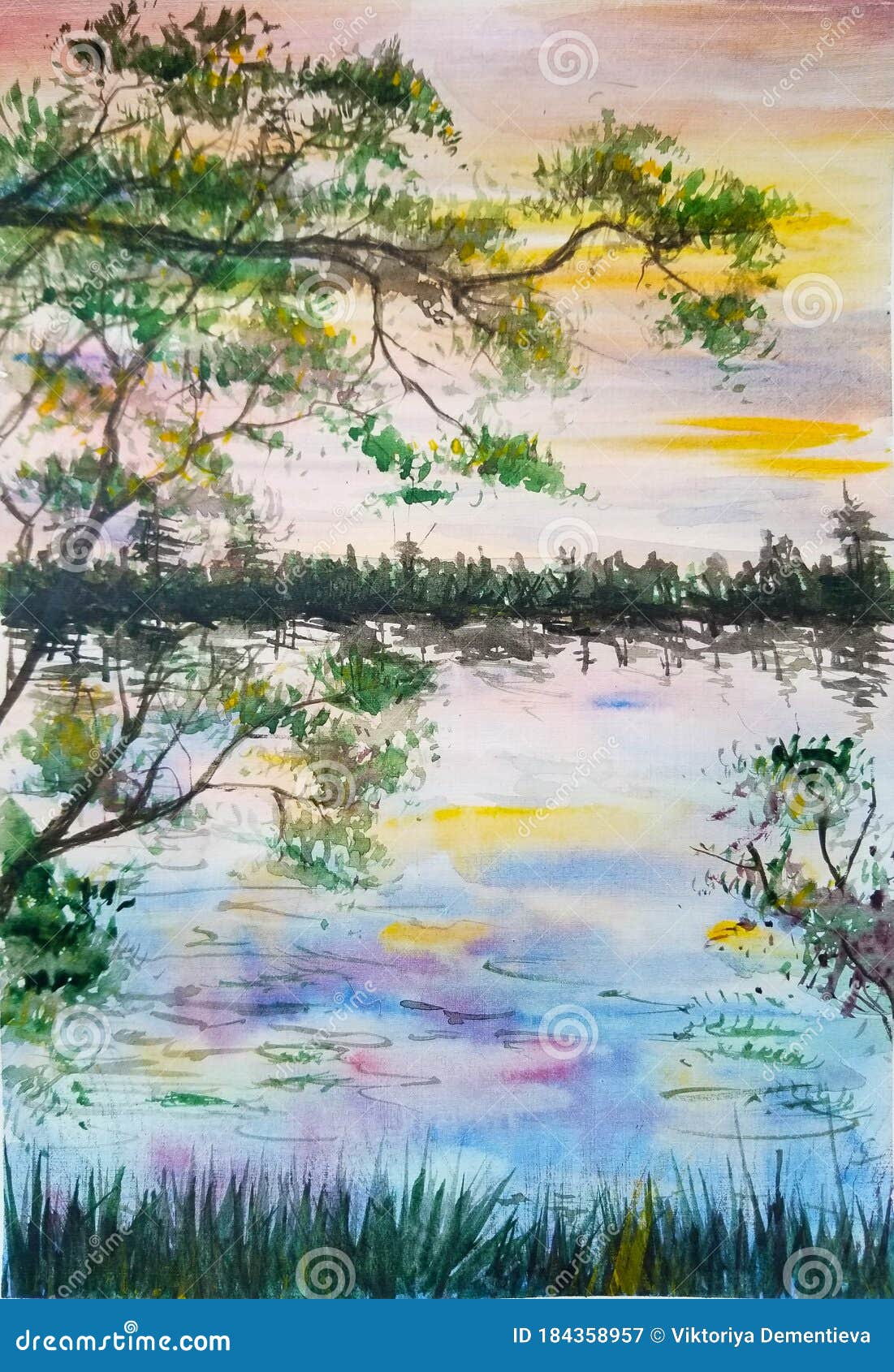 Drawn Morning Landscape with a Lake Stock Illustration - Illustration ...