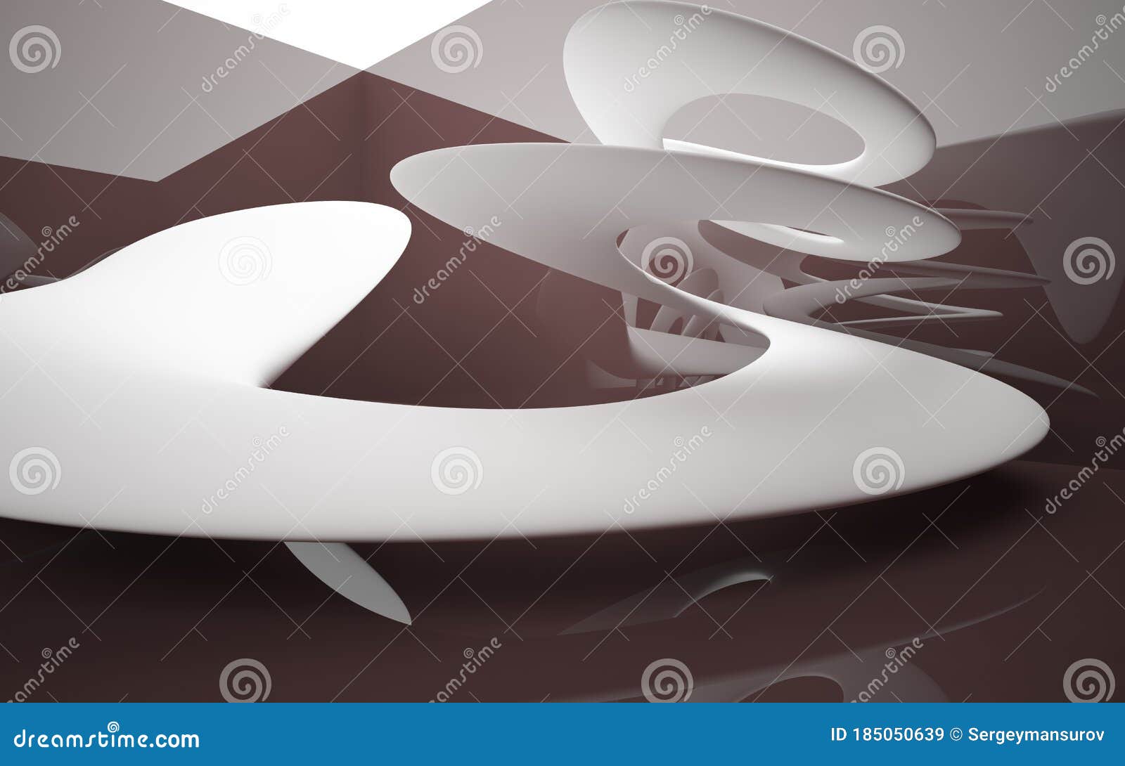 Abstract Dynamic Interior with White Smooth Objects and Brown Room ...