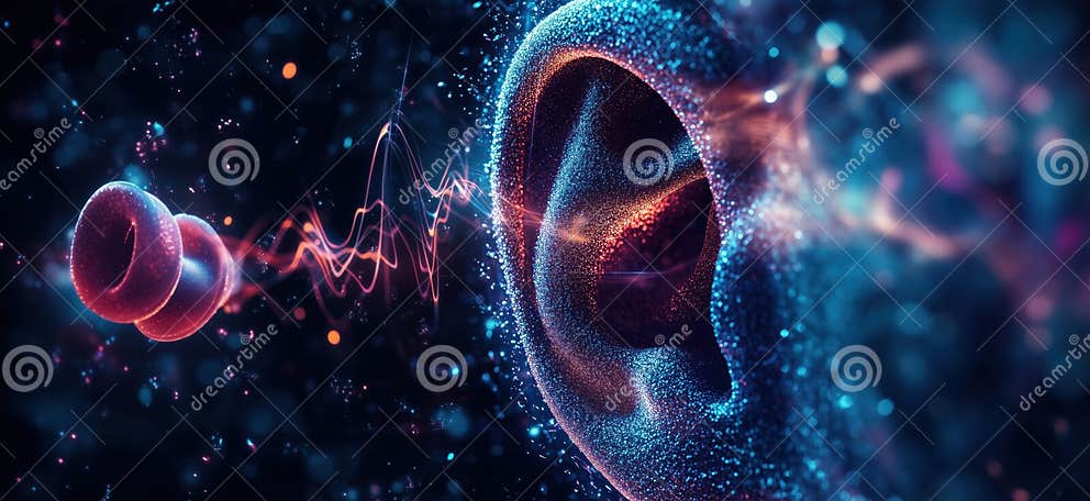 Abstract Ear with Sound Waves and Particles, Visualizing Auditory ...