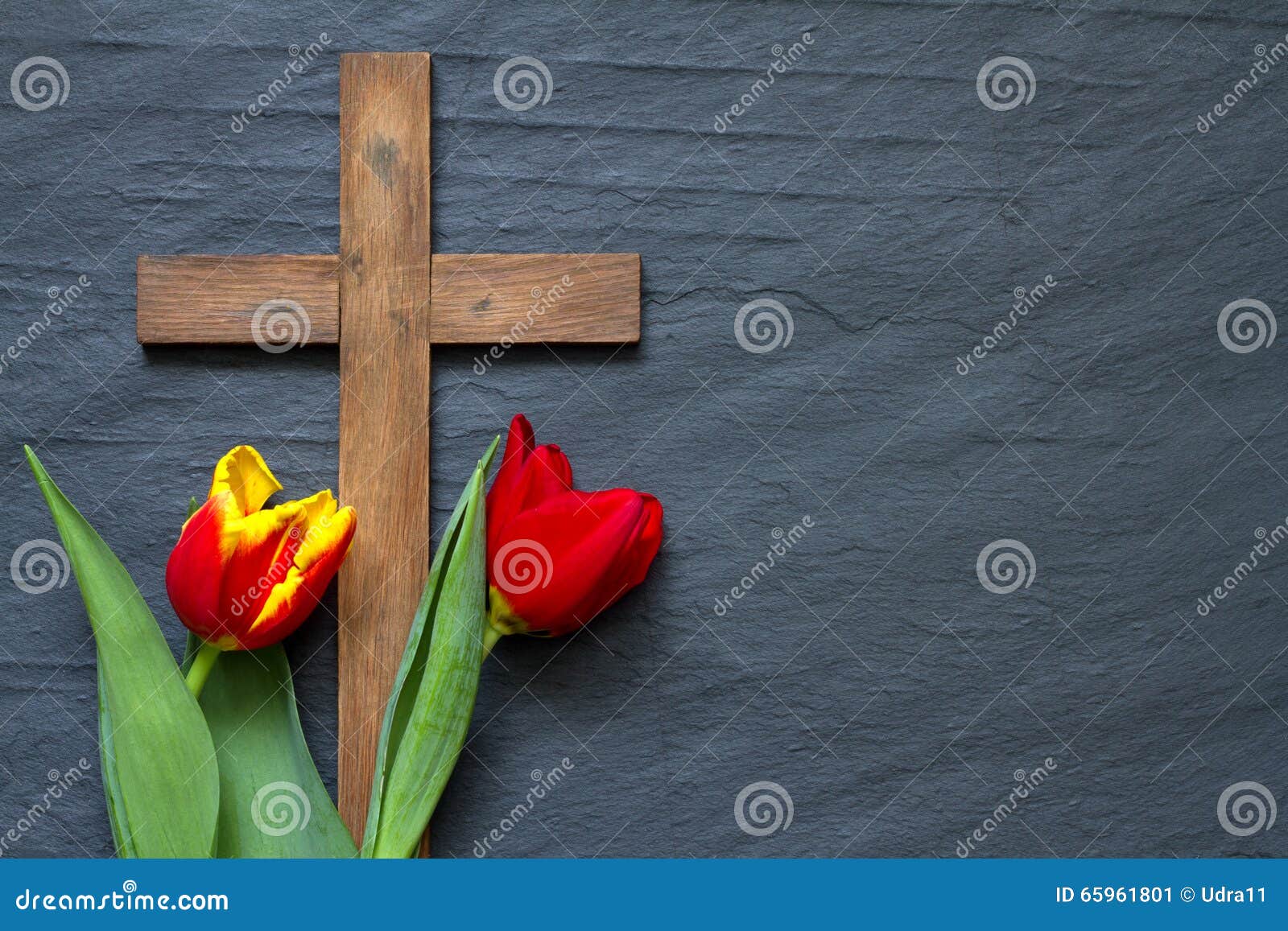 Abstract Easter Tulips and Wooden Cross on Black Marble Stock Image ...