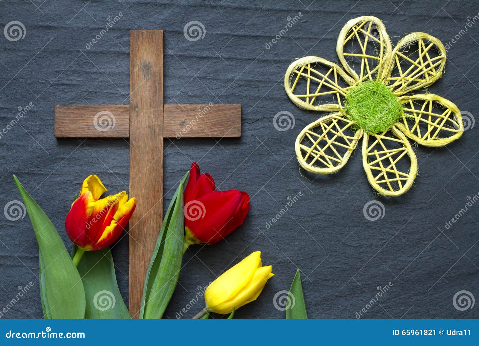 Abstract Easter Tulips and Wooden Cross on Black Marble Stock Image ...