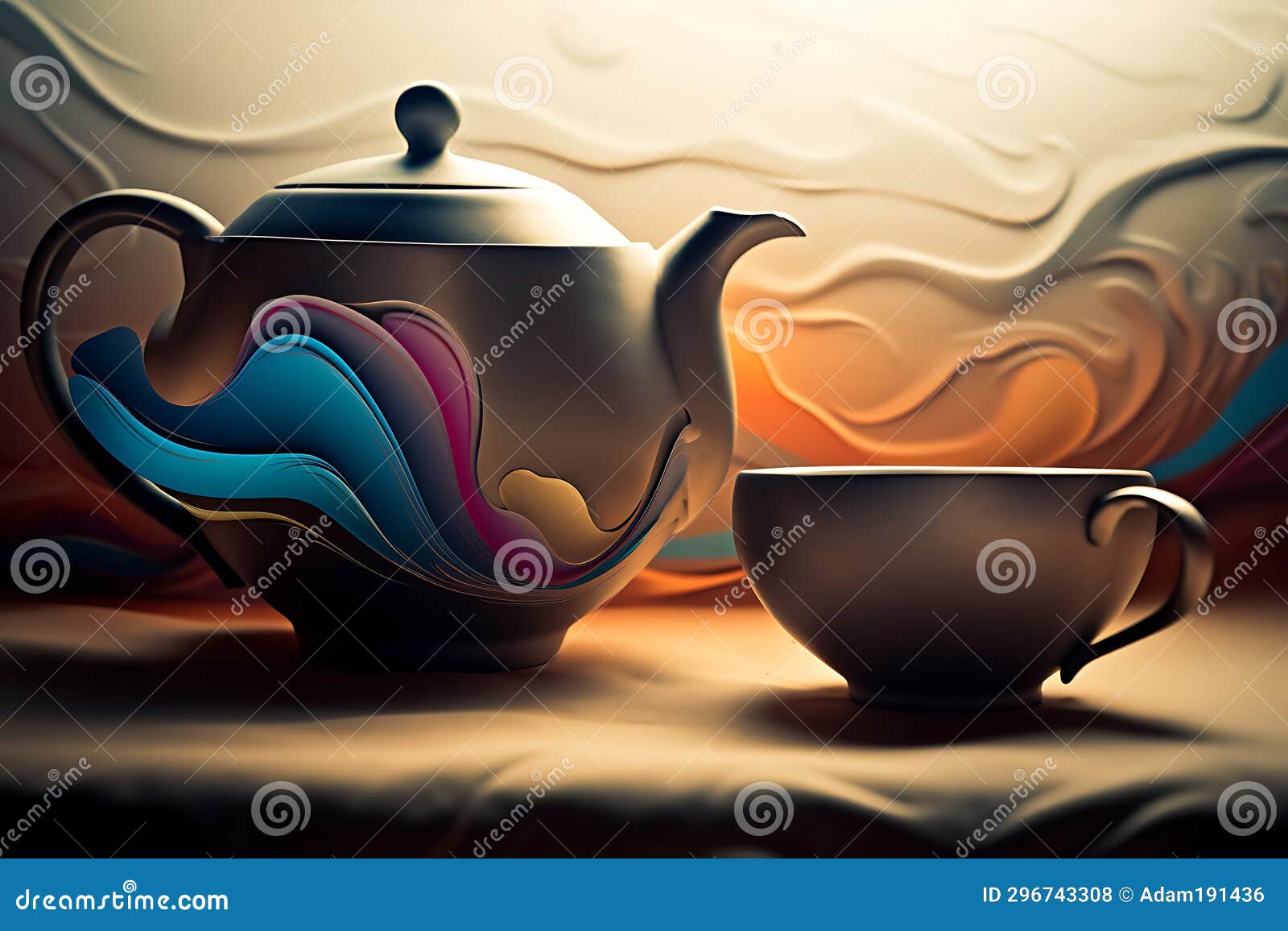 Abstract Elegance: Teapot and Teacup with Colorful Wave Designs Stock ...
