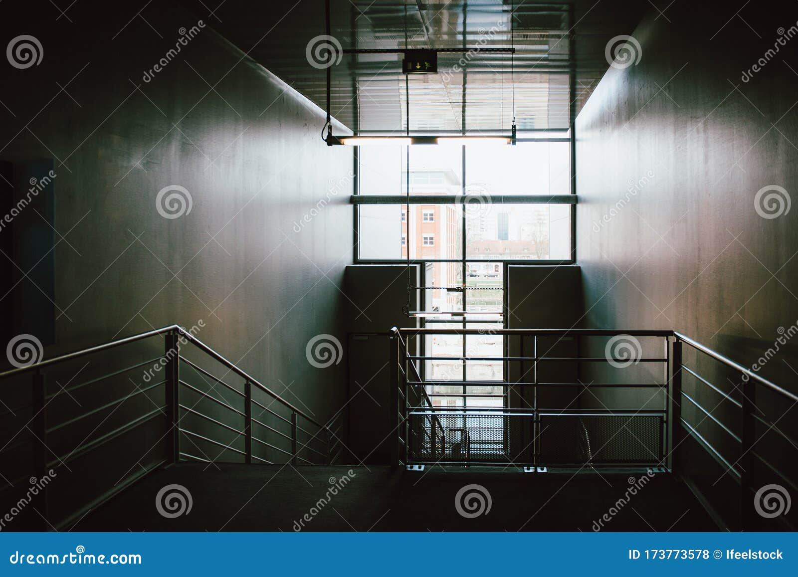 Abstract Empty Corridor with Large Downward Staircase Stock Photo ...