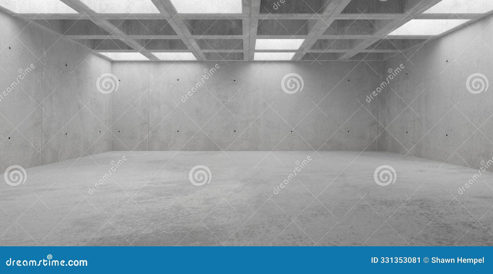 Abstract Empty, Modern Concrete Room with Framed Cubic Ceiling Lights ...