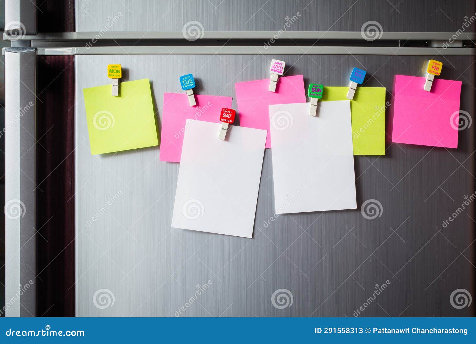 Abstract Empty Paper Sheet on Refrigerator Door. Magnetic Clip on Paper ...