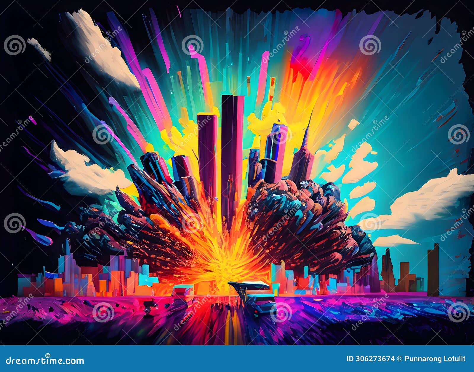 Abstract Exploding Photon City Scape Acrylic Paint Maximalism on ...