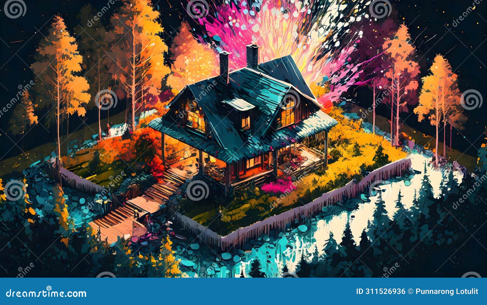 Abstract Exploding Photon Isometric View of Country House in the Woods ...