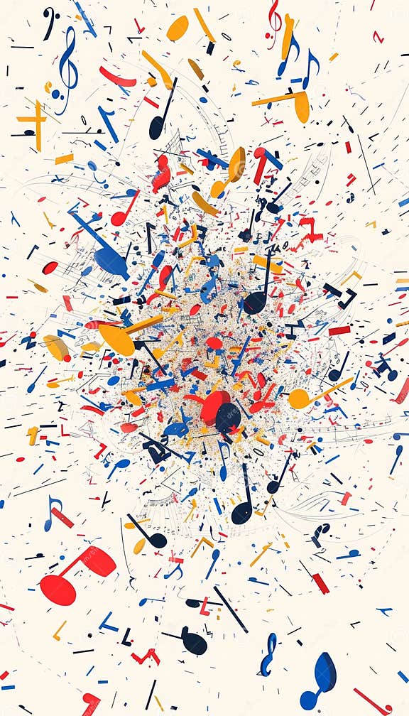 Abstract Explosion of Vibrant Colored Musical Notes and Instruments on ...