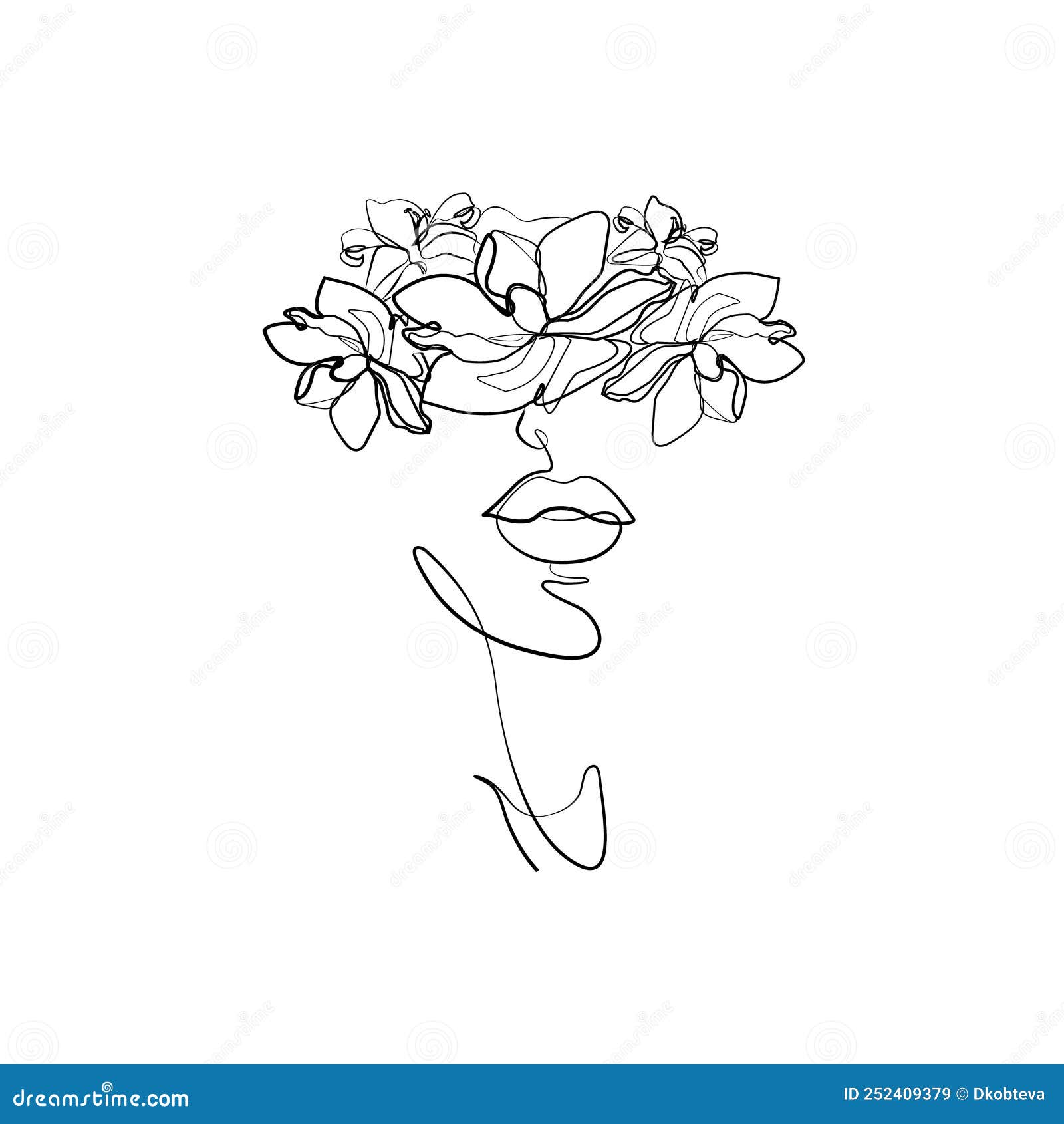 Abstract Face With Flowers By One Line Vector Drawing Stock Vector