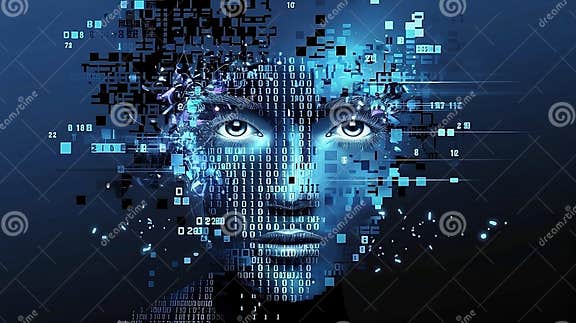 Abstract Face Made from Binary Code, Numbers, and Digital Particles ...