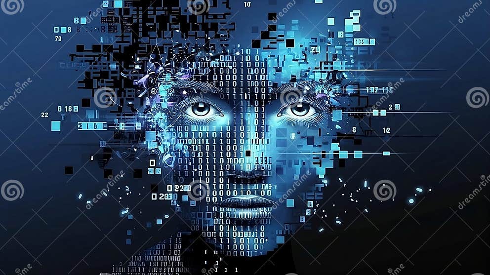 Abstract Face Made from Binary Code, Numbers, and Digital Particles ...