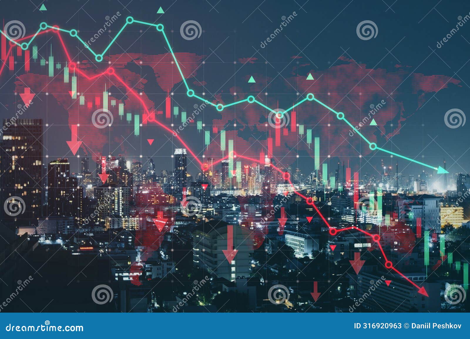 Abstract Falling Red Forex Chart and Map on Blurry Night Backdrop ...