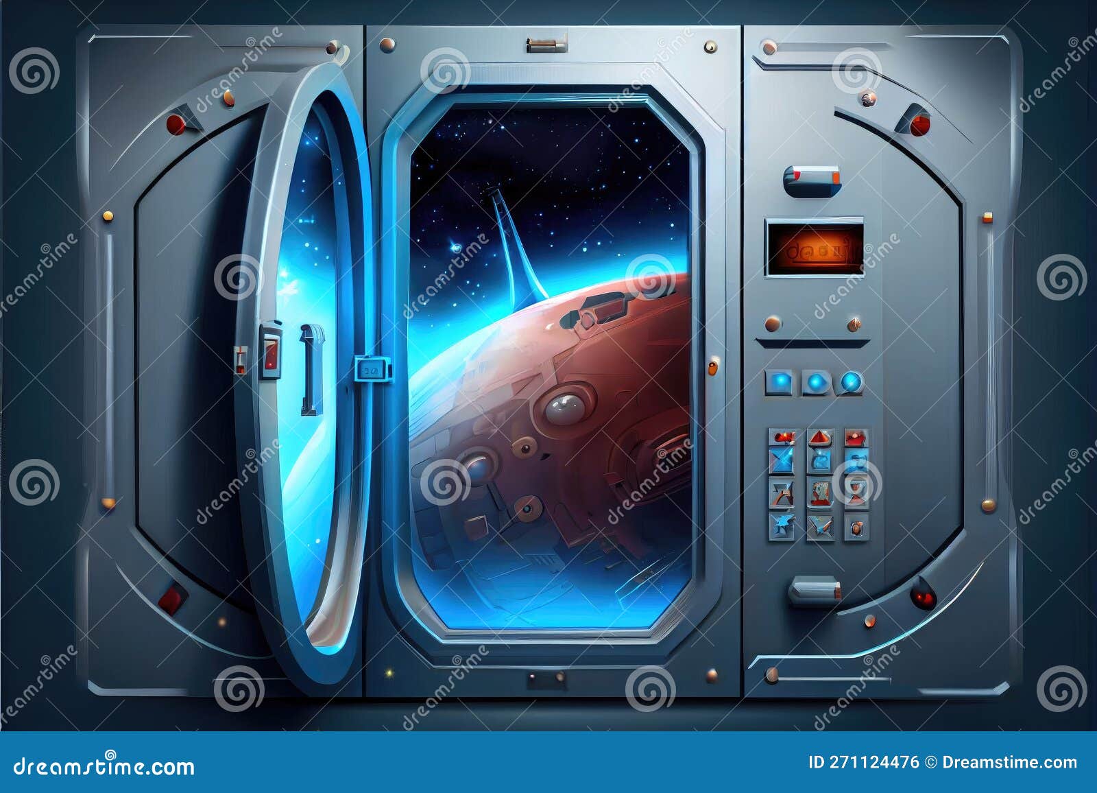 Spacecraft Gateway. Cartoon Closed And Open Spaceship Gates, Futuristic ...