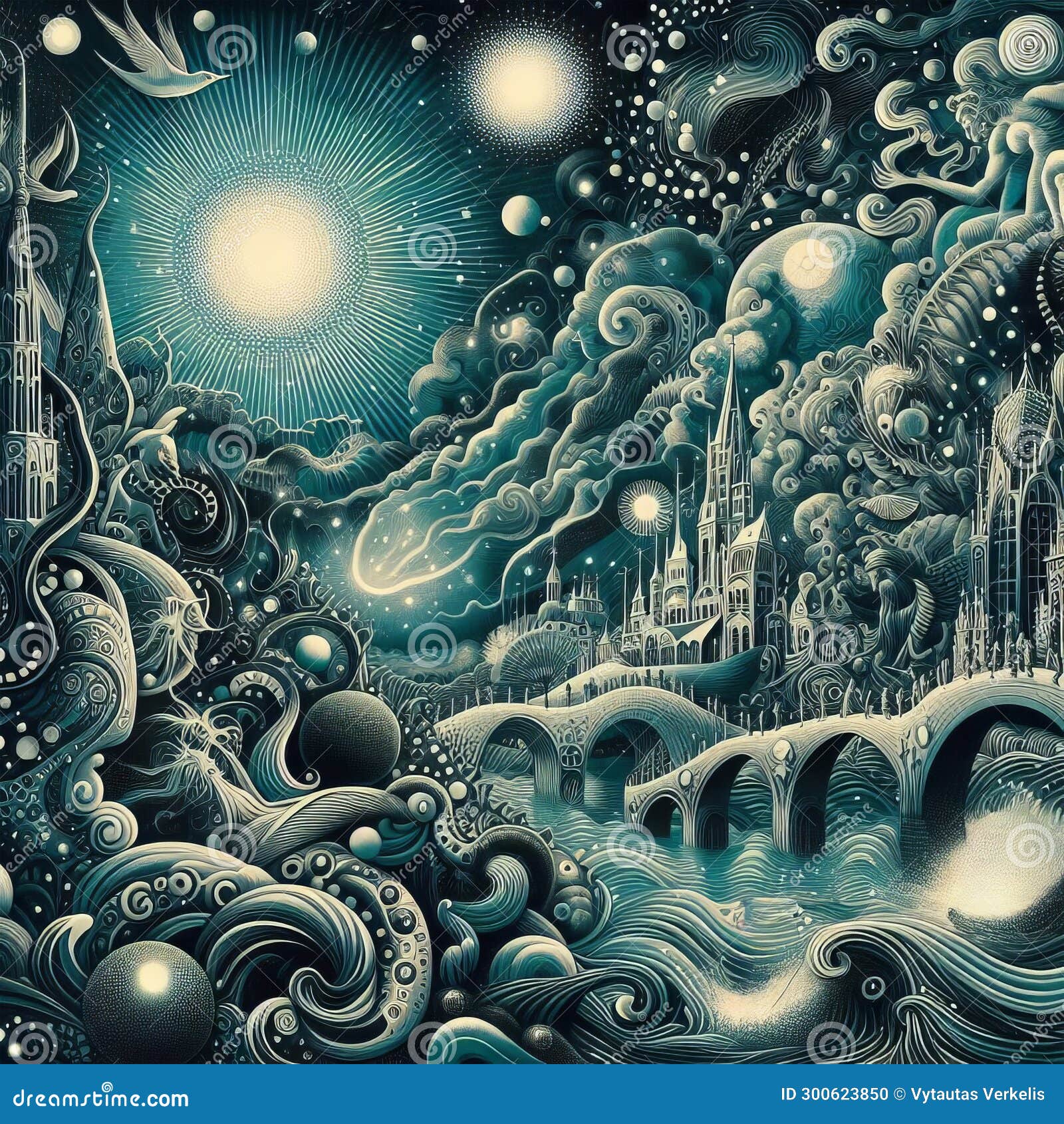 Abstract Fantasy Landscape with Planets, Stars and Clouds. Stock Photo ...