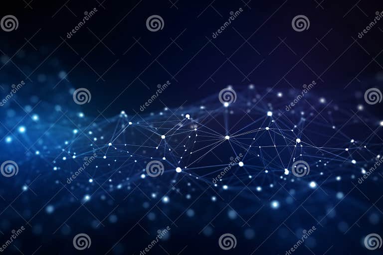 Abstract Technology Network of Blue Grid and Particles on Dark Background Stock Illustration ...