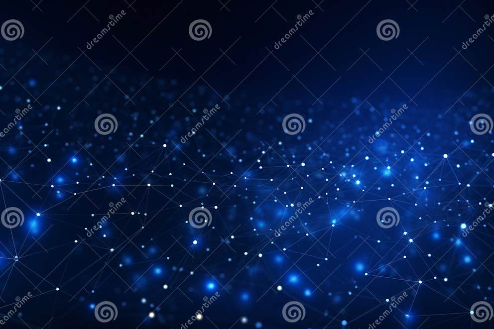 Abstract Technology Network of Blue Grid and Particles on Dark Background Stock Illustration ...