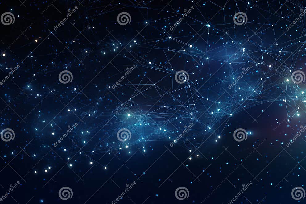 Abstract Technology Network of Blue Grid and Particles on Dark Background Stock Illustration ...
