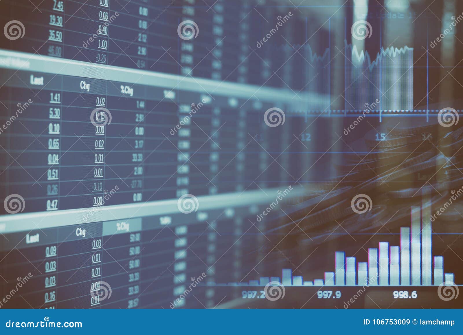 Abstract Financial Stock Numbers Chart with Graph and Stack of Coins in ...
