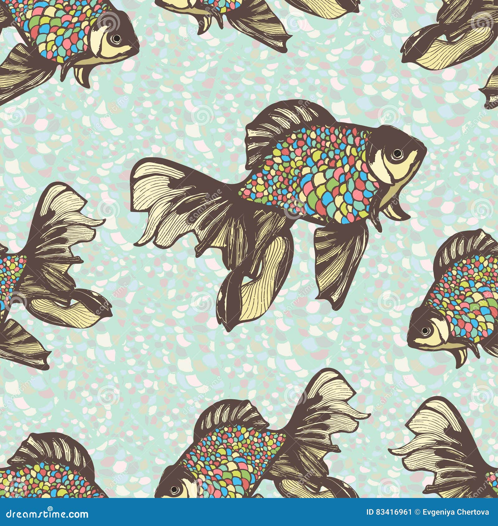 Abstract Fish Hand Drawing Seamless Pattern, Vector Background ...