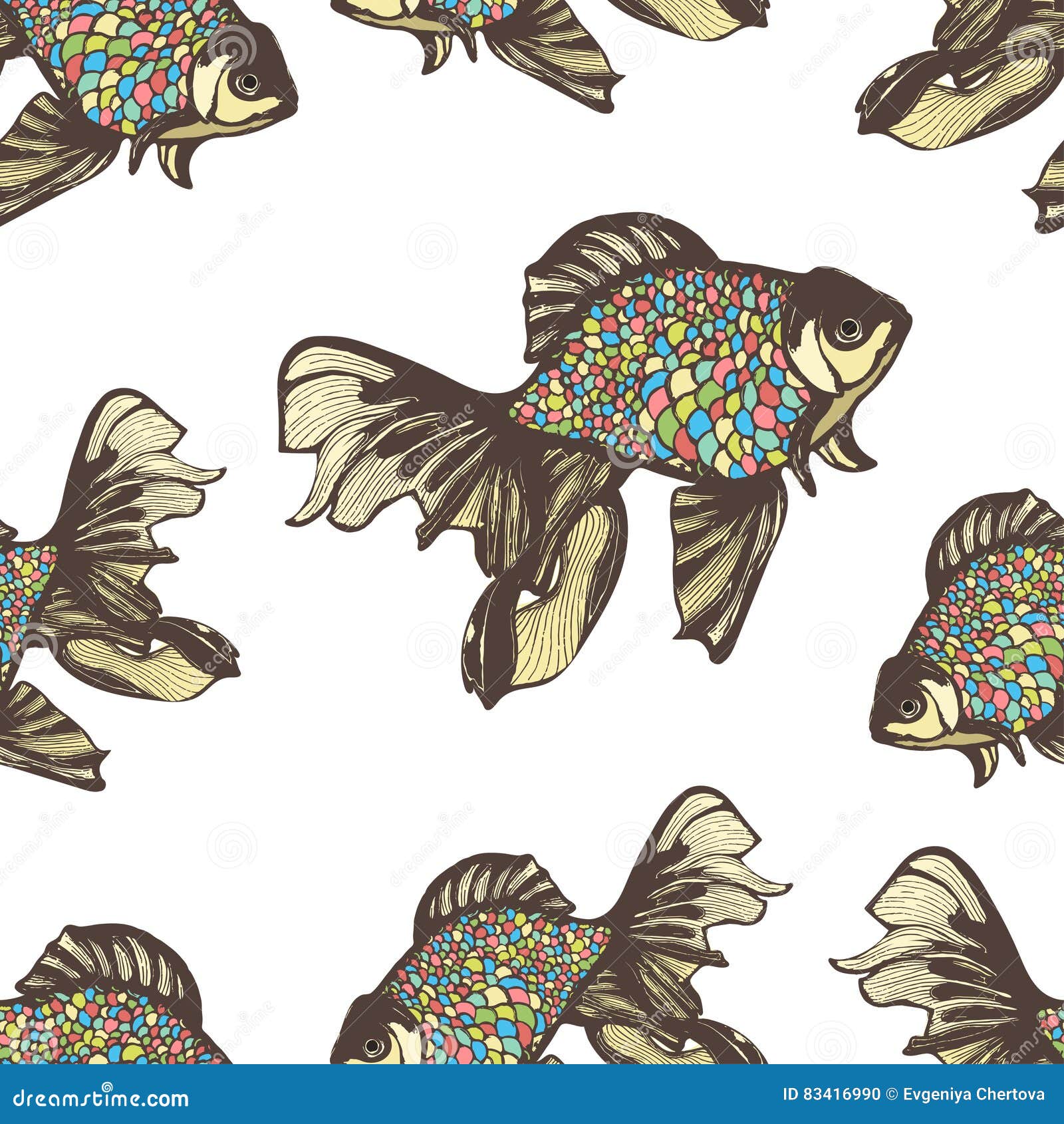 Abstract Fish Hand Drawing Seamless Pattern, Vector Background ...