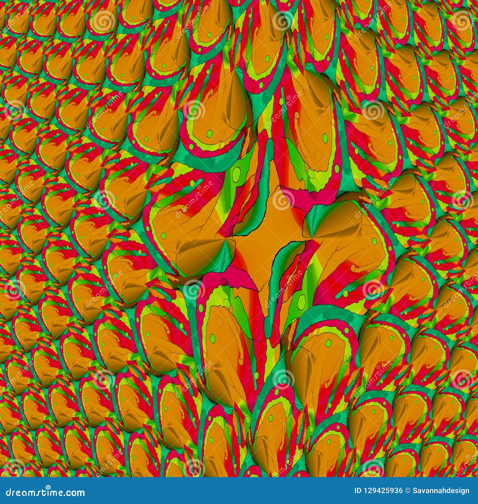 Abstract Fish Scale Pattern Orange, Ocher, Lime Green and Red, Centered ...