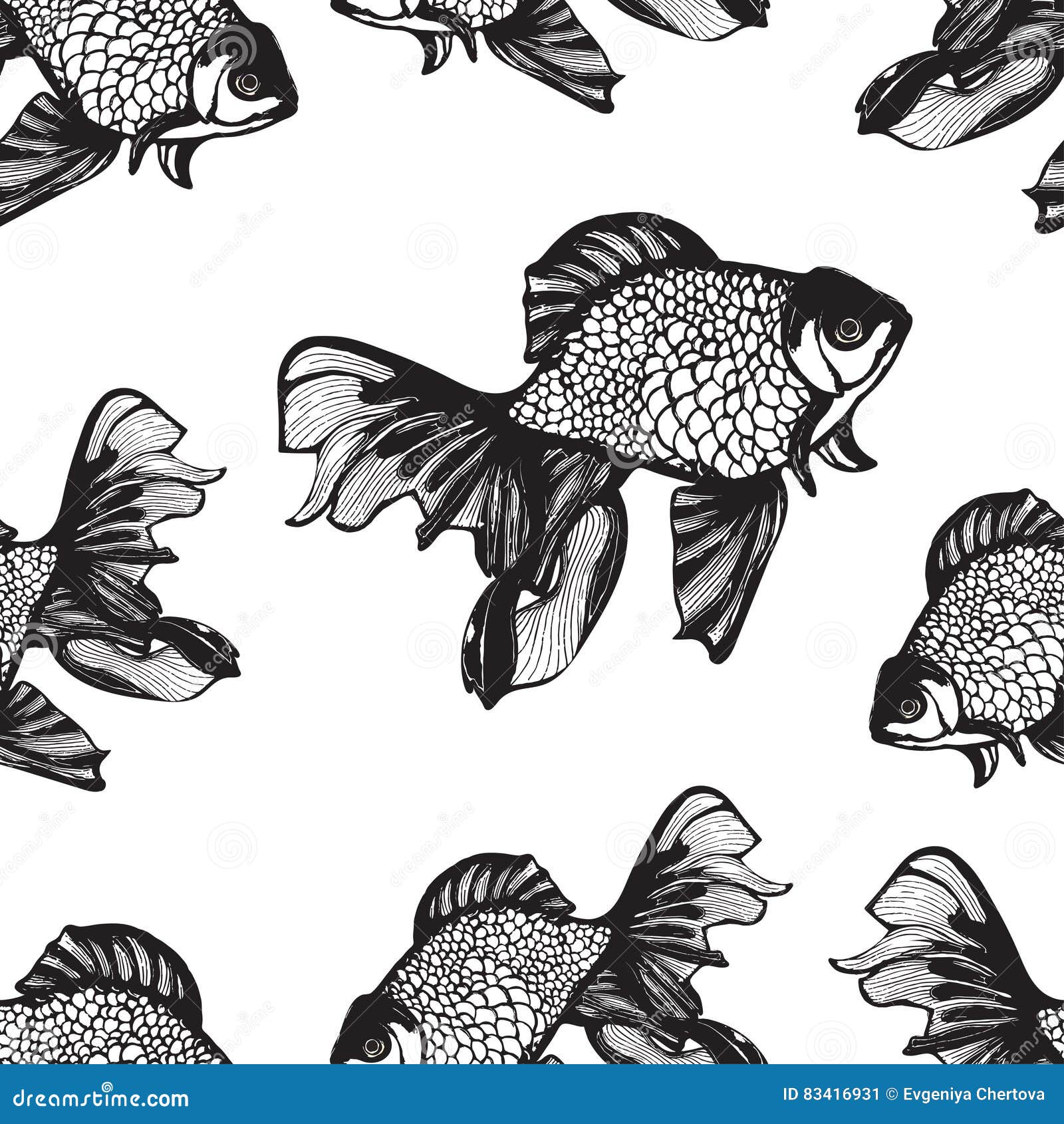 Abstract Fish Sketch Seamless Pattern, Hand Drawing, Vector Monochrome ...