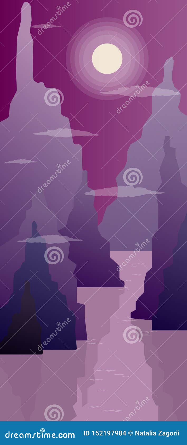 Abstract Illustration with Landscape with River and Mountains on the ...