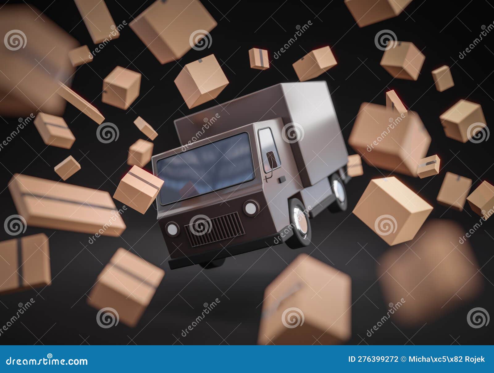 Abstract Floating Courier Bus and Packages Around Stock Illustration ...
