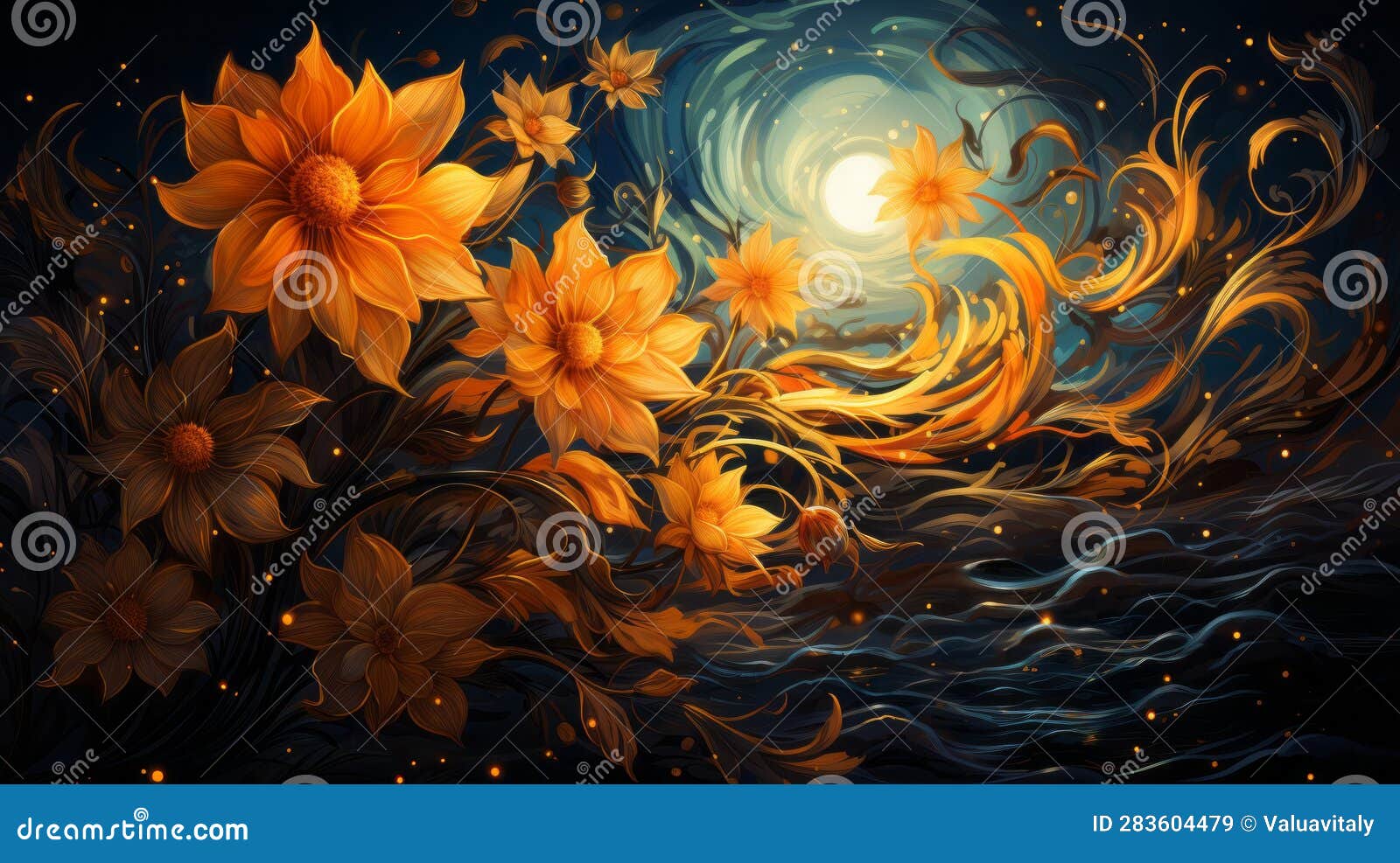 Abstract Floral Background with Sunflowers and Waves. Vector ...