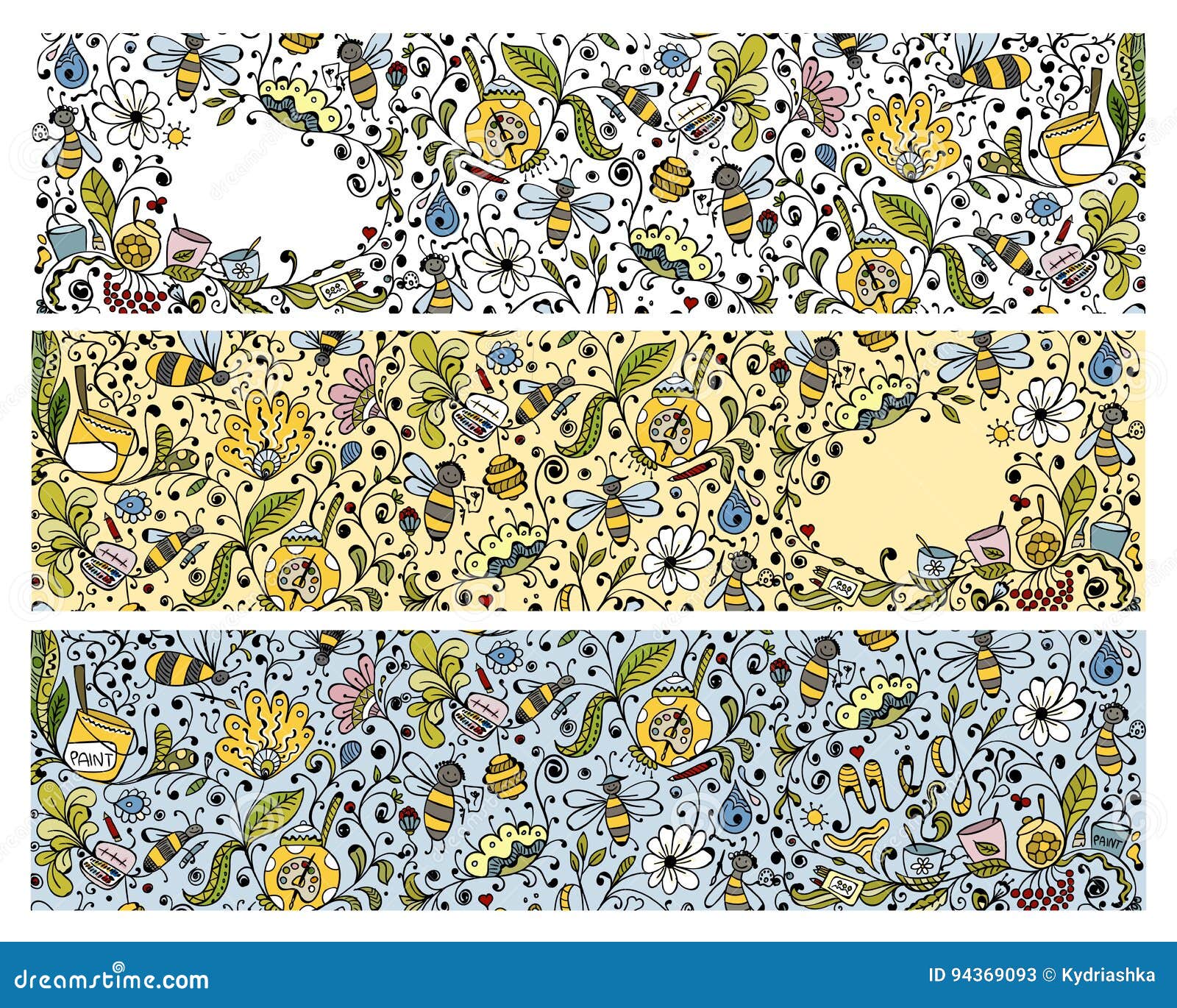 Abstract Floral Banners with Bees, Sketch for Your Design Stock Vector ...