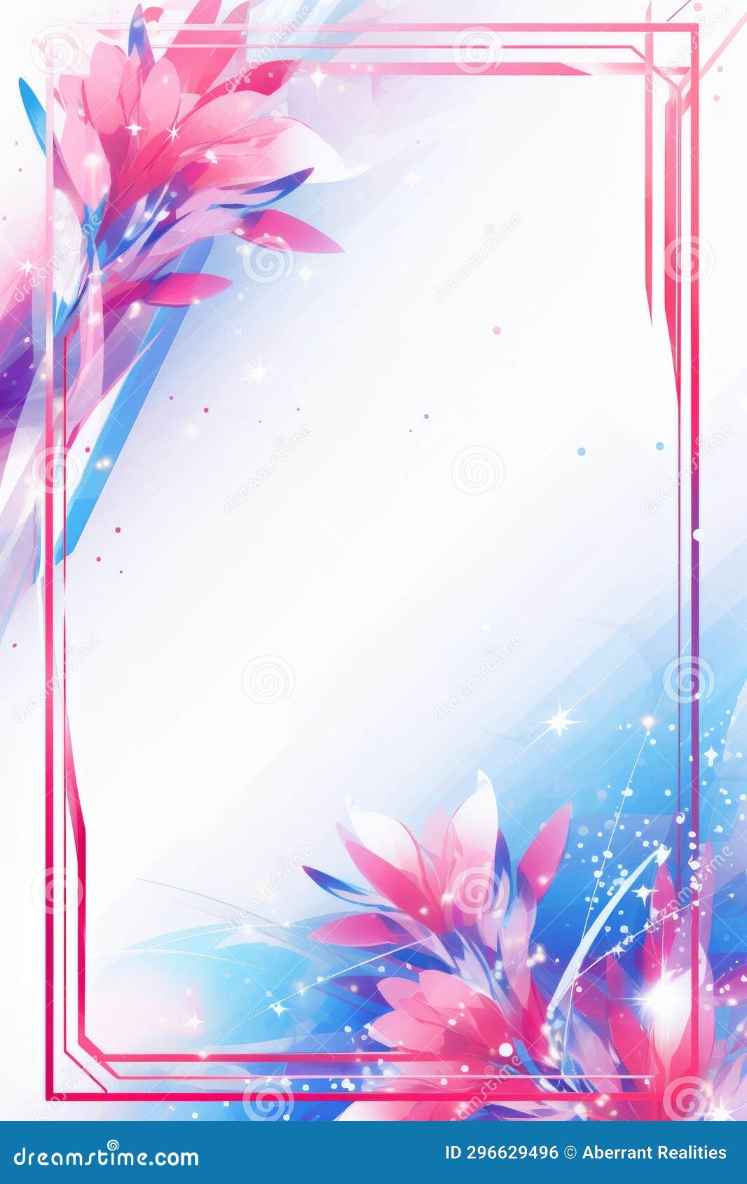 Abstract Floral Frame with Blue and Pink Flowers on a White Background ...