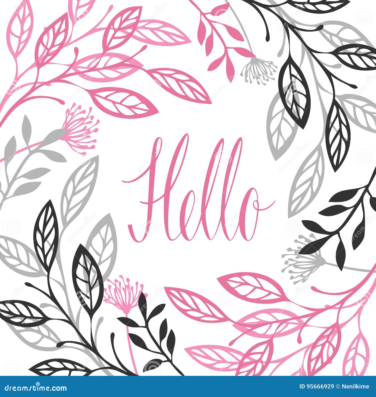 Abstract Floral Frame Gray and Pink Color Hello Calligraphy Lettering ...