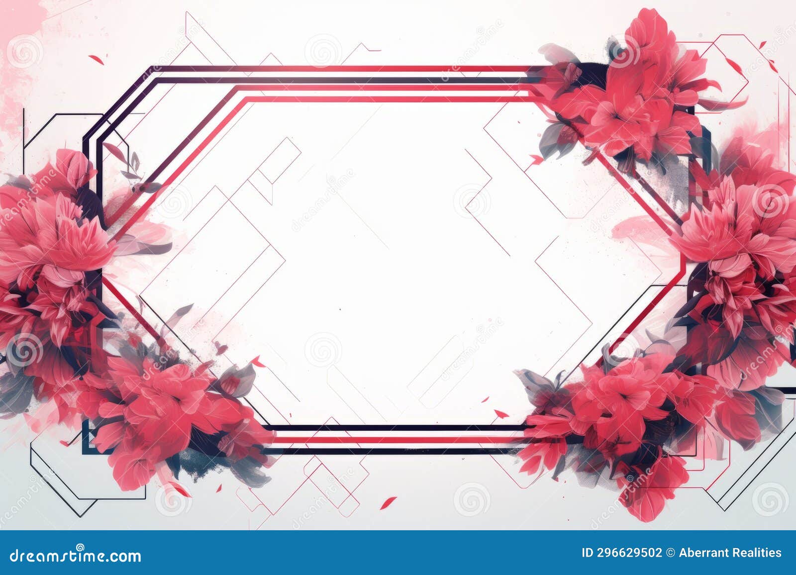 Abstract Floral Frame with Hexagonal Shape and Red Flowers on a White ...