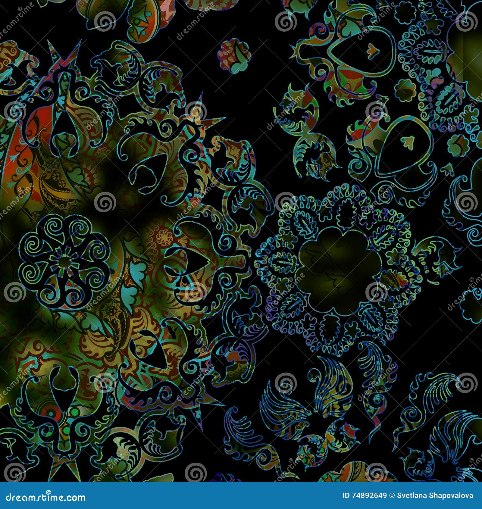 Abstract Floral Motley Pattern on Black Background Stock Illustration ...