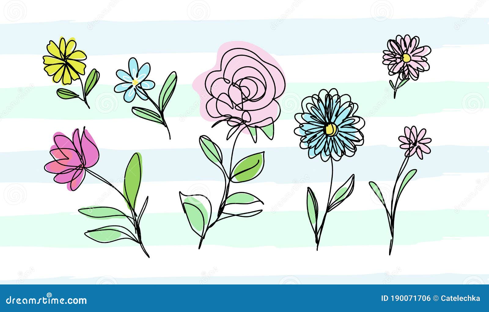 Abstract Flower Set, Continuous Line Art. Vector. Stock Vector ...