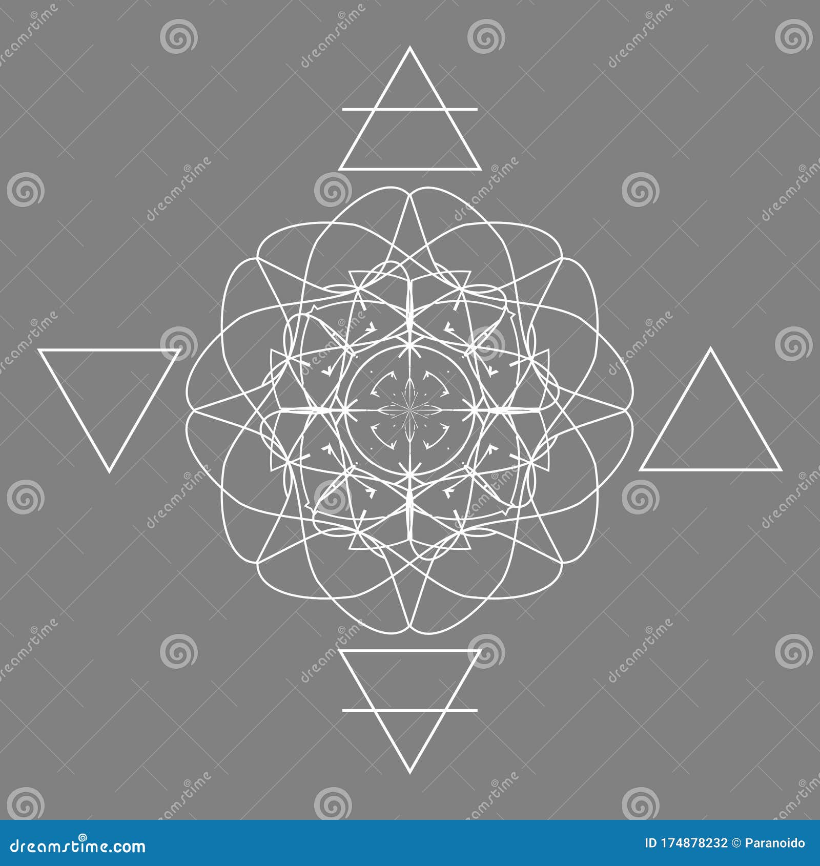 Abstract Flower and Triangles of Four Elements on Grey Background Stock ...