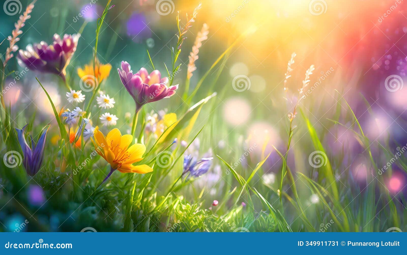 Flowers Blooming In A Green Grass Meadow On A Spring Easter Sunrise ...