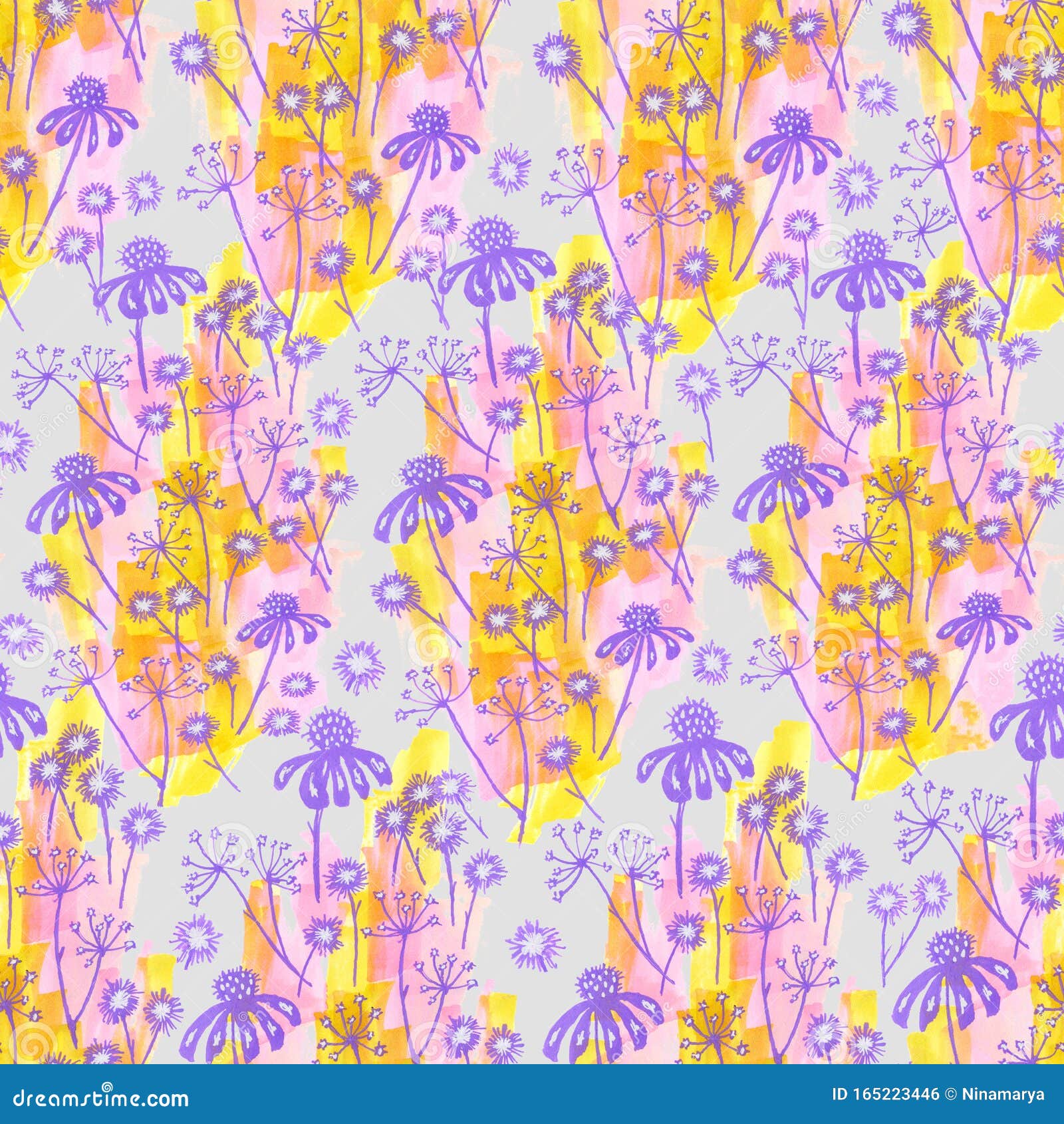 Abstract Flowers and Leaves Repeat Seamless Pattern. Watercolor and ...