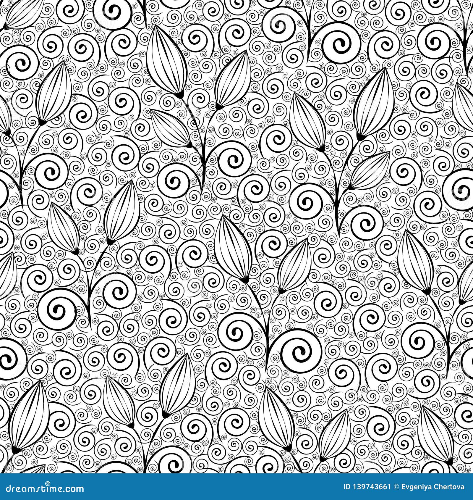 Abstract Flowers Seamless Pattern, Black and White Outline Hand Drawing ...