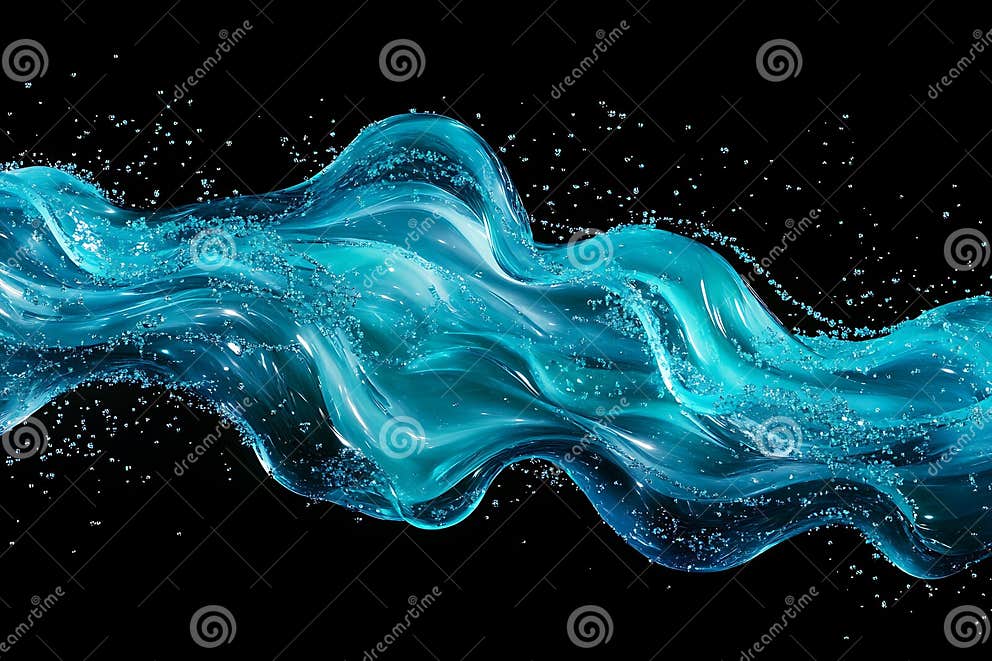 Abstract Flowing Turquoise Liquid with Bubbles on Black Background ...