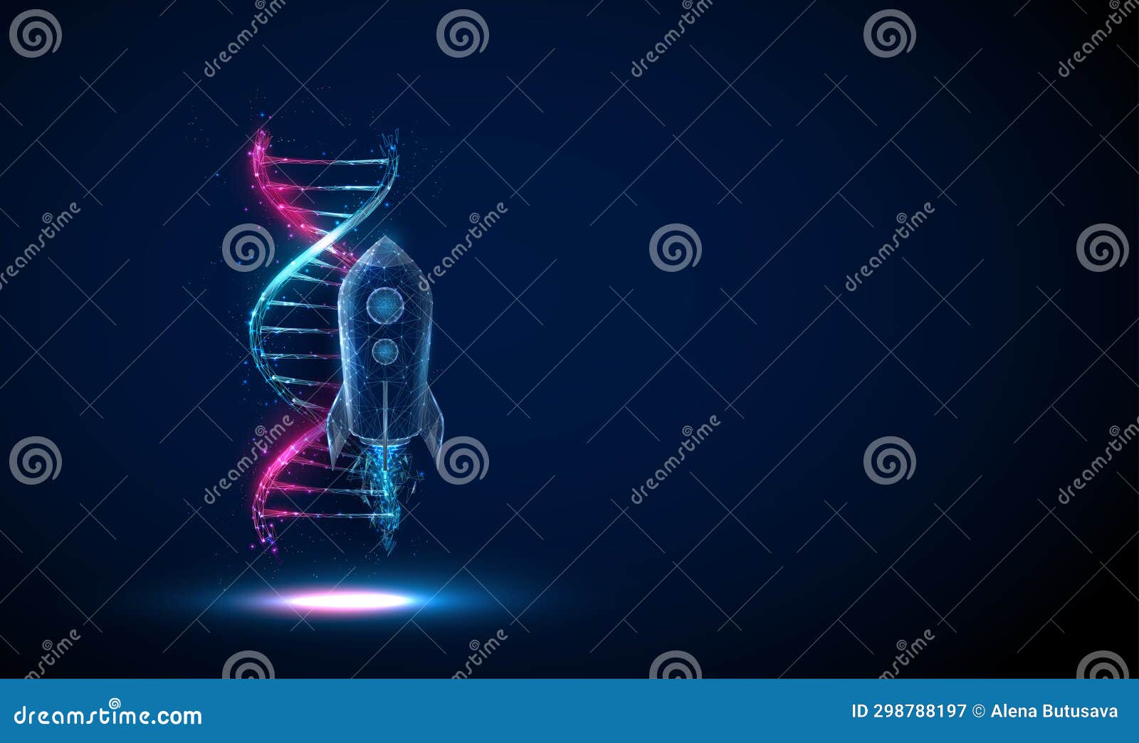 Abstract Flying Rocket and Blue and Purple 3d DNA Molecule Helix ...
