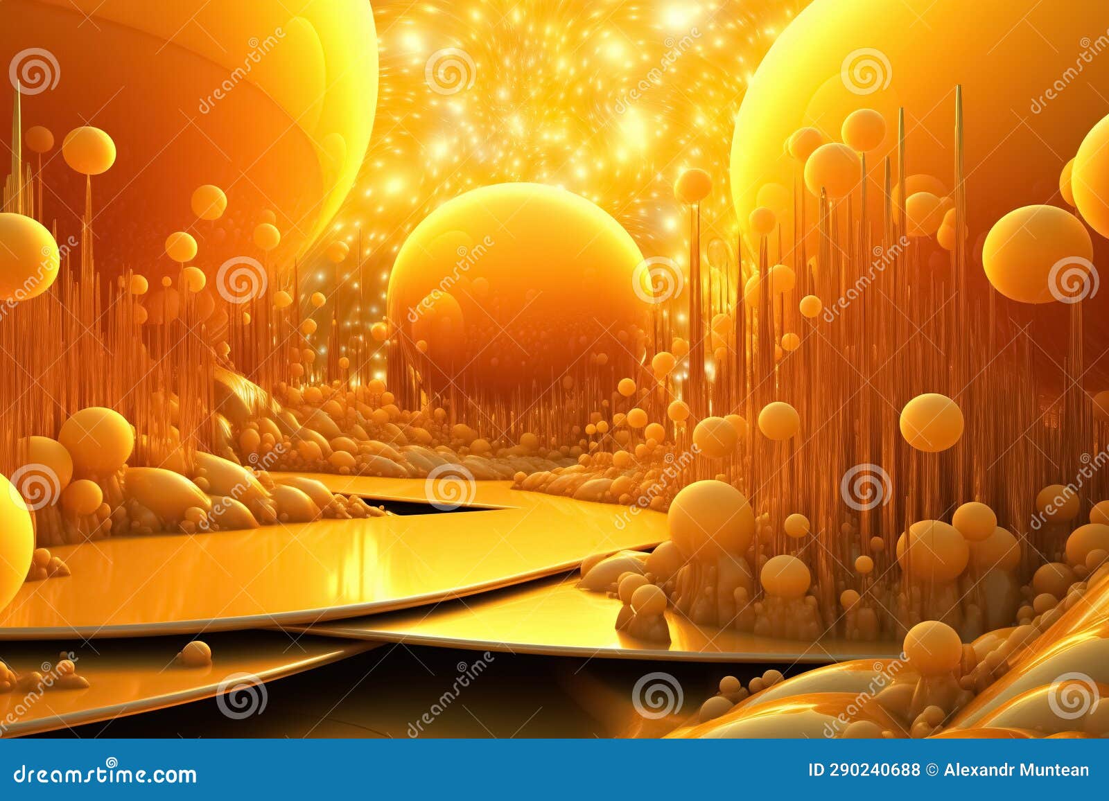 Abstract Flying Yellow Spheres Over Yellow Background Stock ...