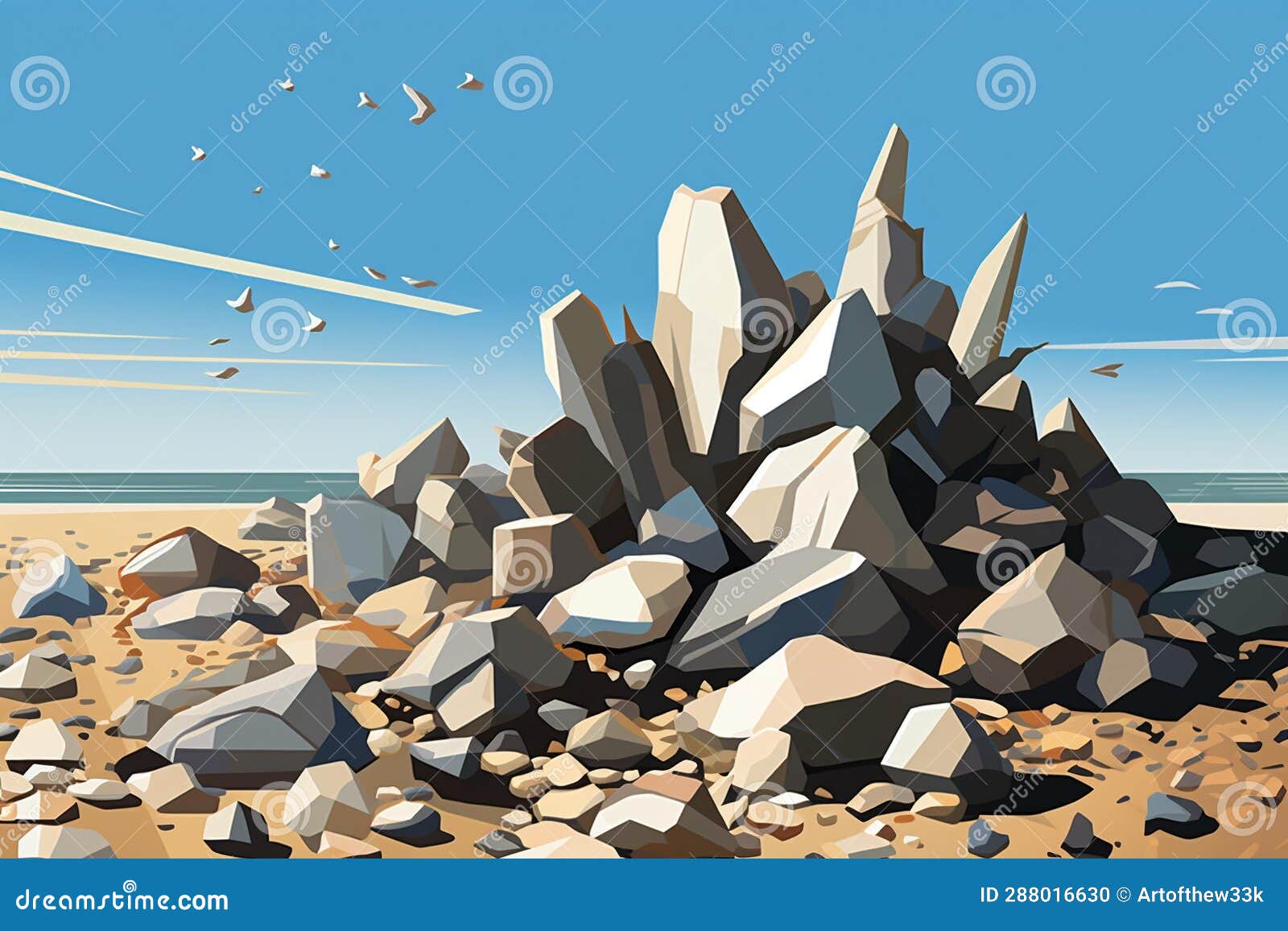 Abstract Formation of Jagged Rocks on Sandy Beach Stock Illustration ...