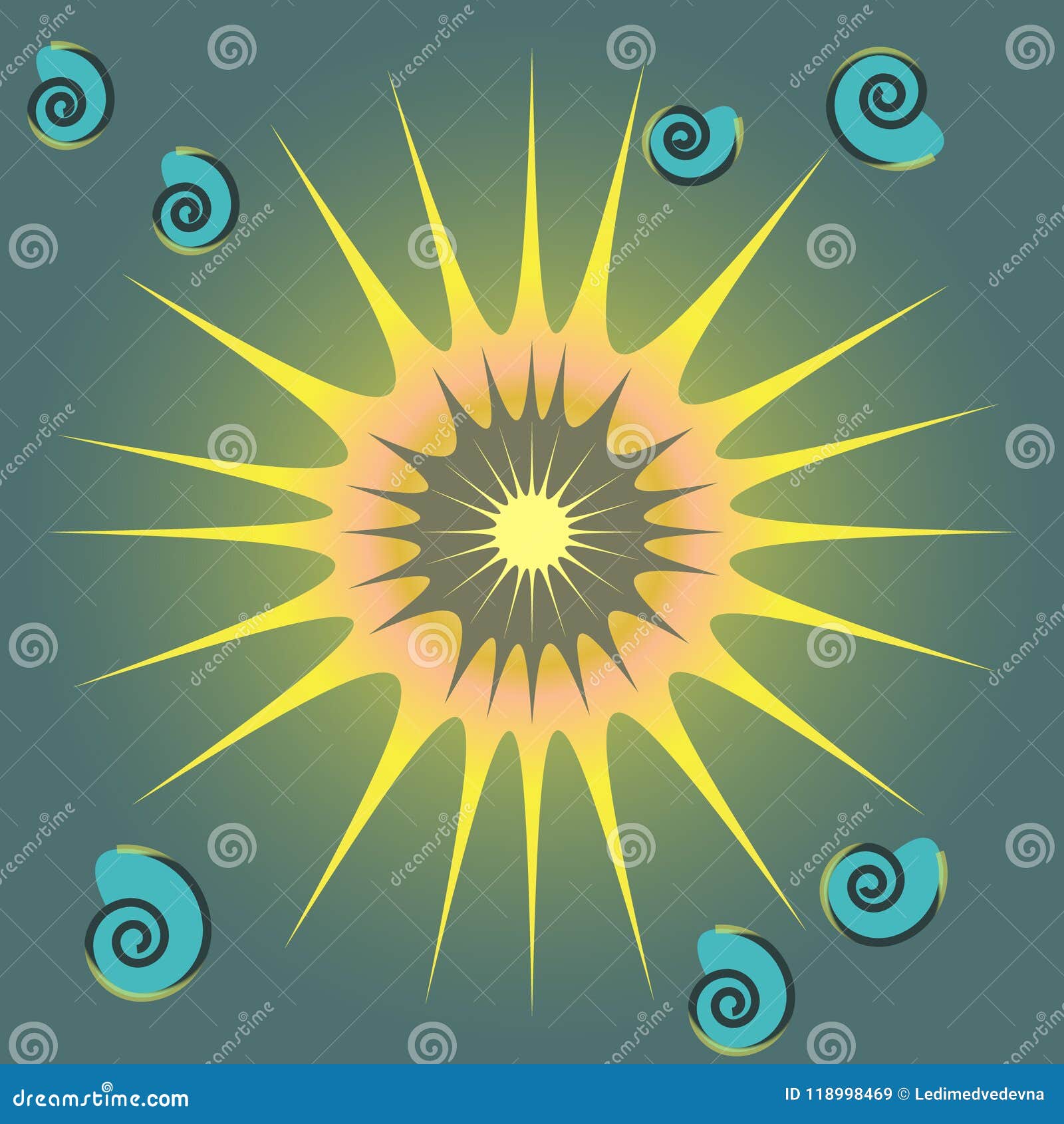 Abstract Fragment of a Tile with the Image of the Sun and Sea Shells ...