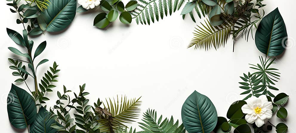 Abstract Frame and Tree Stems, Green and White Leaves Background. for ...