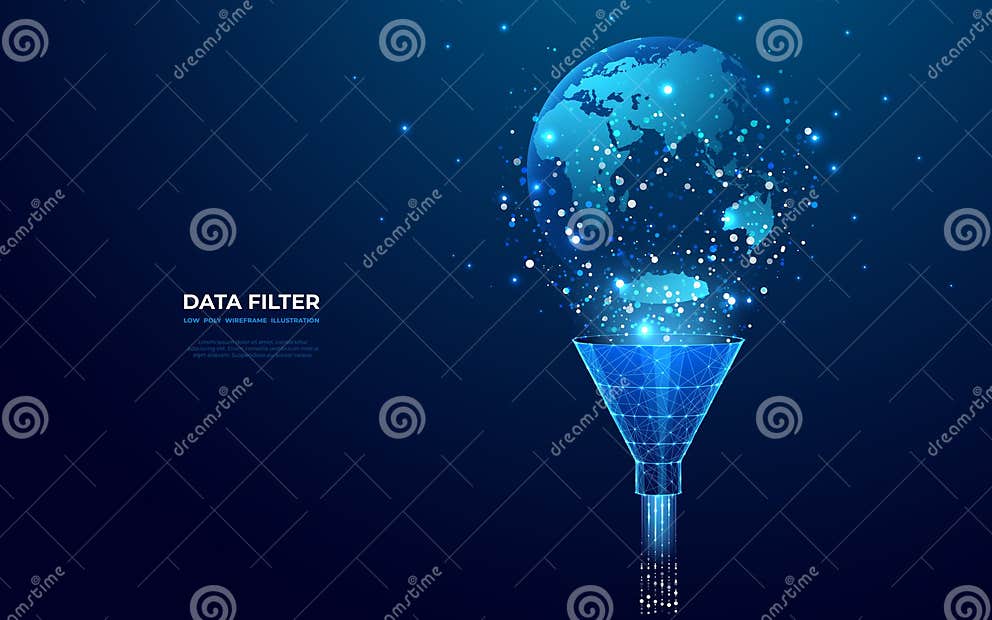 Abstract Funnel with Data Flow and Globe Earth on Dark Blue Background ...